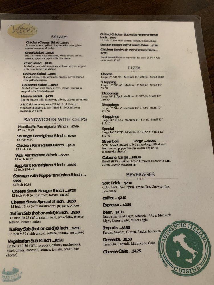 Menu at Vito's Italian Restaurant, Greensboro