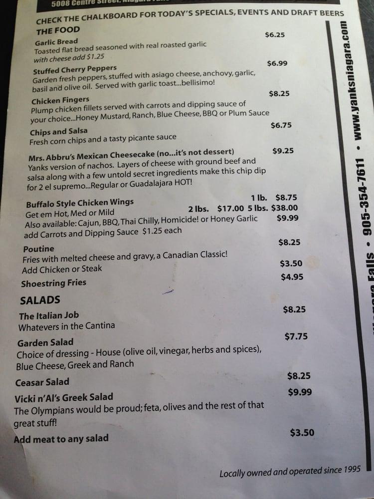Menu at Yank's Old Niagara Bar & Grill, Niagara Falls