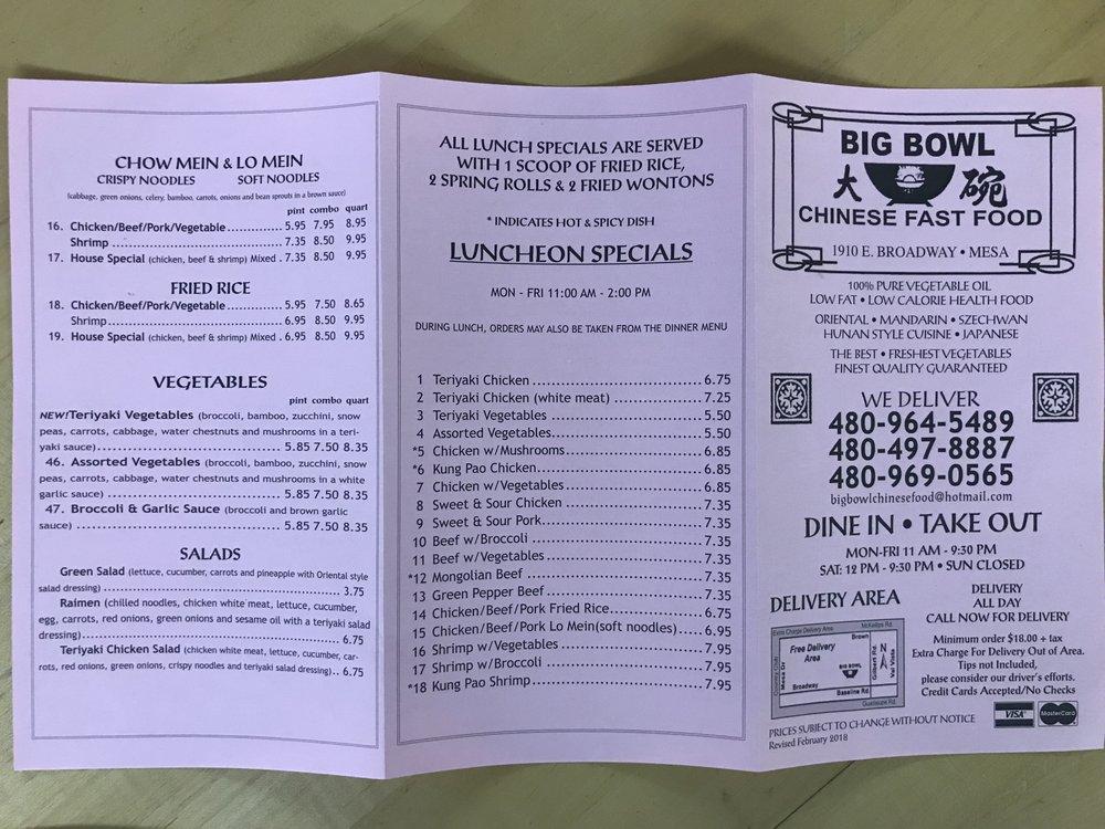 Menu at Big Bowl Chinese Restaurant, Mesa