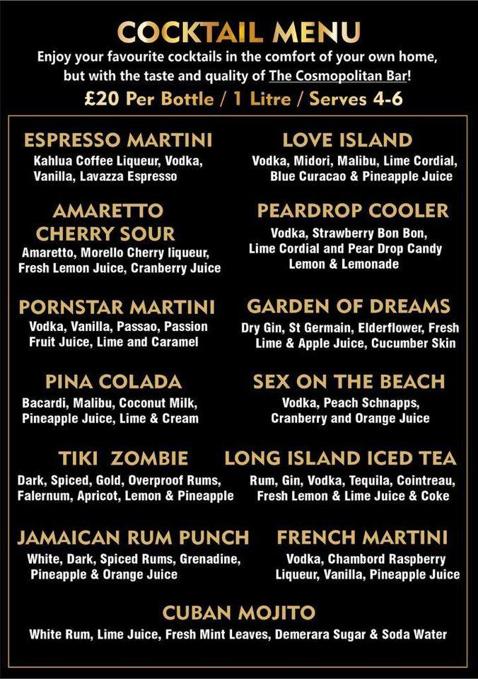 Menu at Cosmopolitan pub & bar, Chorley