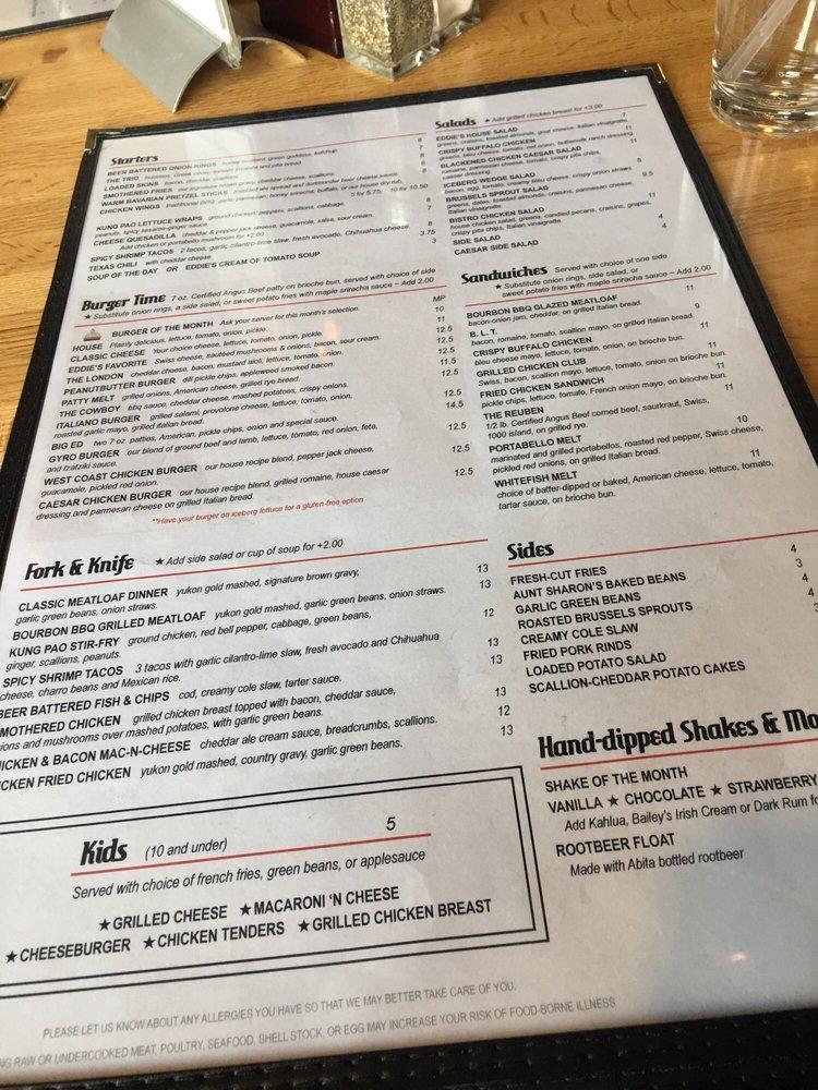 Menu at Fast Eddie's restaurant, Parma