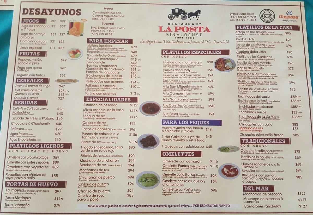 Carta de La Posta 3 Rios Restaurante, Culiacán Rosales