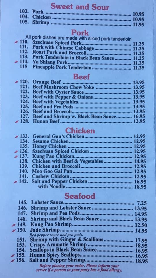 Menu at Peter Woo's restaurant, Revere