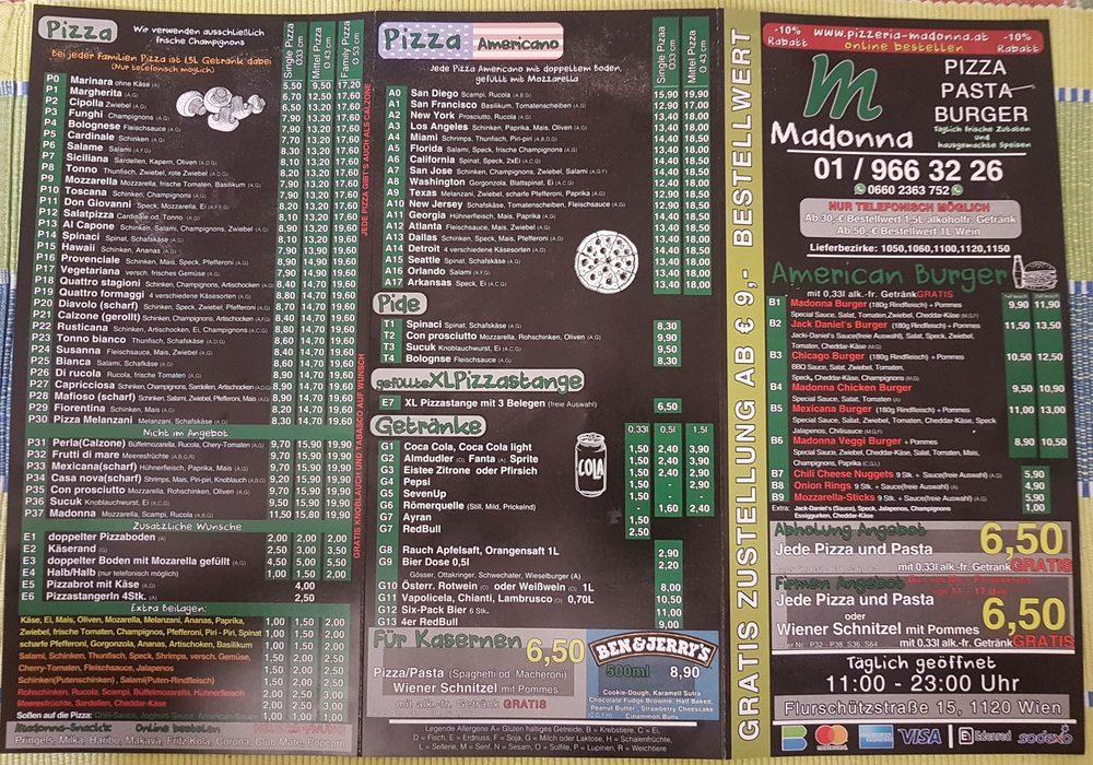 Speisekarte von Madonna Pizza-Burger-Pasta, Wien