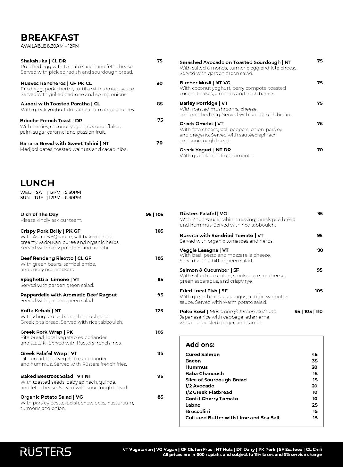 Carta del restaurante RÜSTERS, Ubud