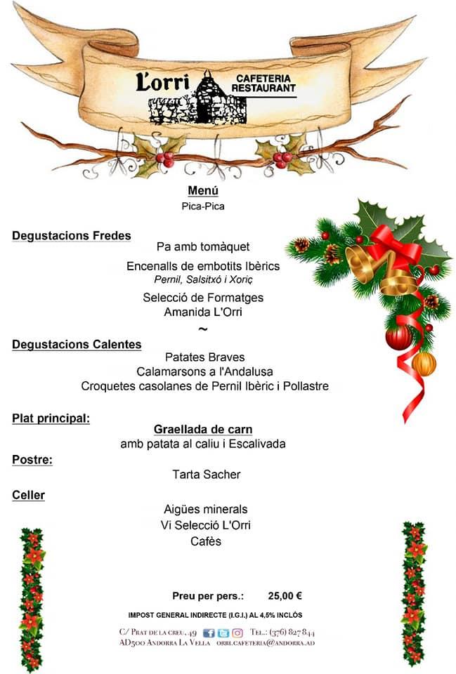 Carta de Restaurant L'Orri, Andorra la Vieja, Carrer Prat de la Creu, 49