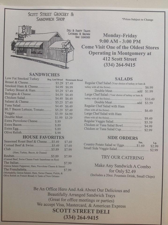 Menu at Scott Street Deli restaurant, Montgomery, 412 Scott St