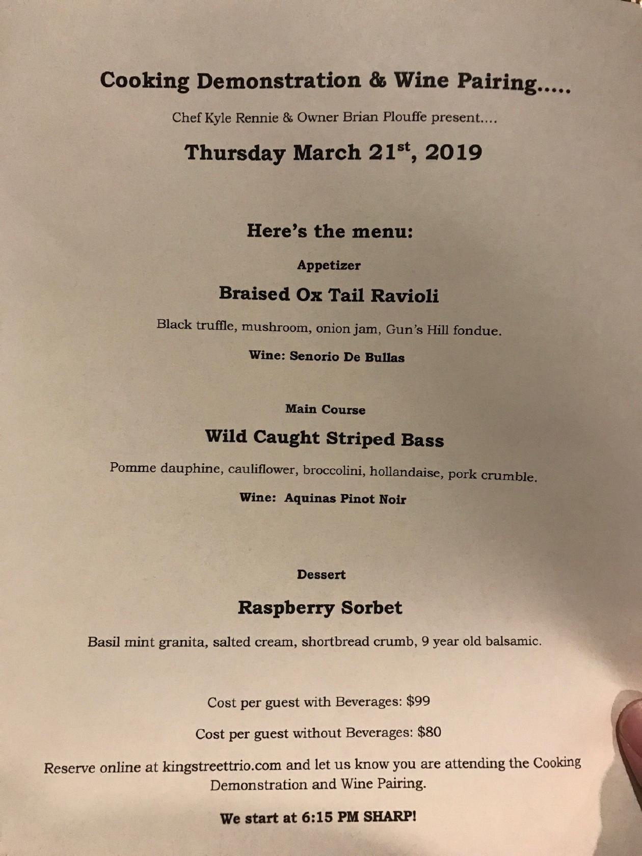 Menu at Trio Restaurant, Waterloo