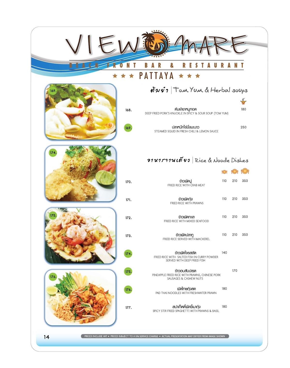 Carta de View Mare Beach Front Bar & Restaurant Pattaya, Na Chom Thian