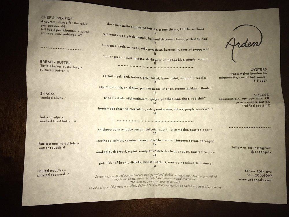 Menu at Arden Restaurant Portland, Portland
