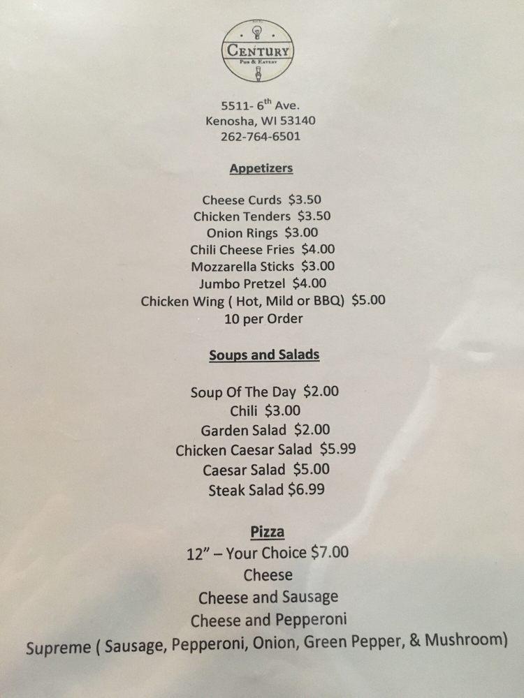 Menu at Century Pub and Eatery, Kenosha