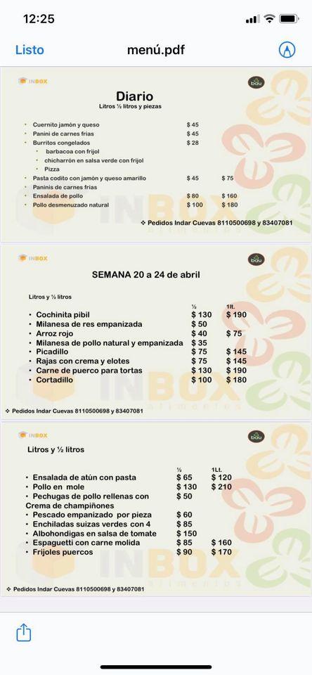 Menu at Inbox Alimentos restaurant, Monterrey