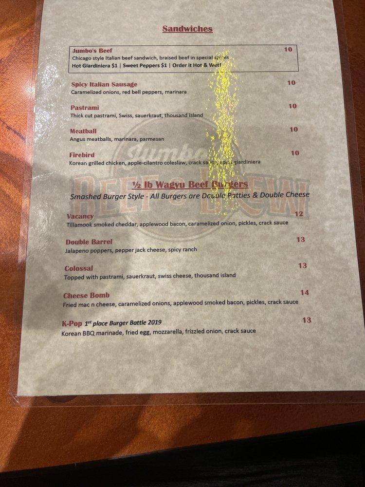 Menu at Jumbo's Beef & Brew restaurant, Wichita