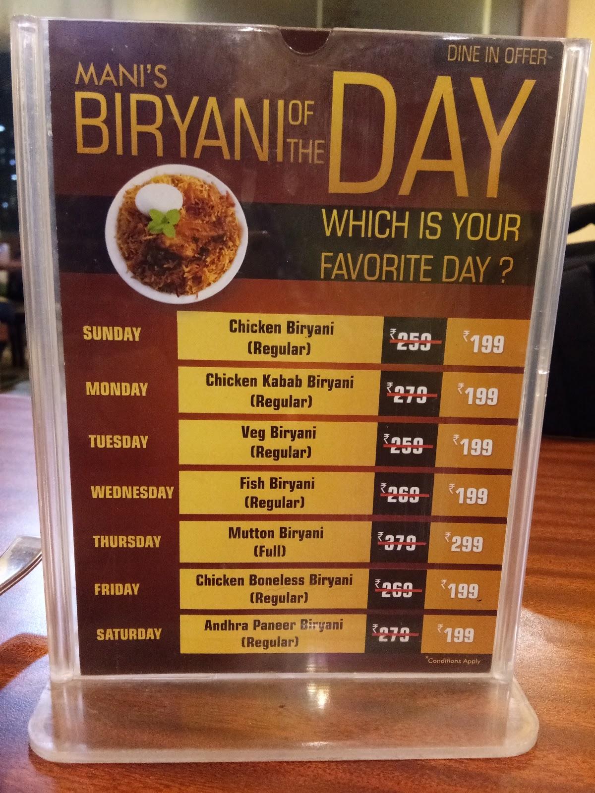 Menu at Mani's Dum Biryani - Whitefield, Bengaluru, Trijal Commerzspace