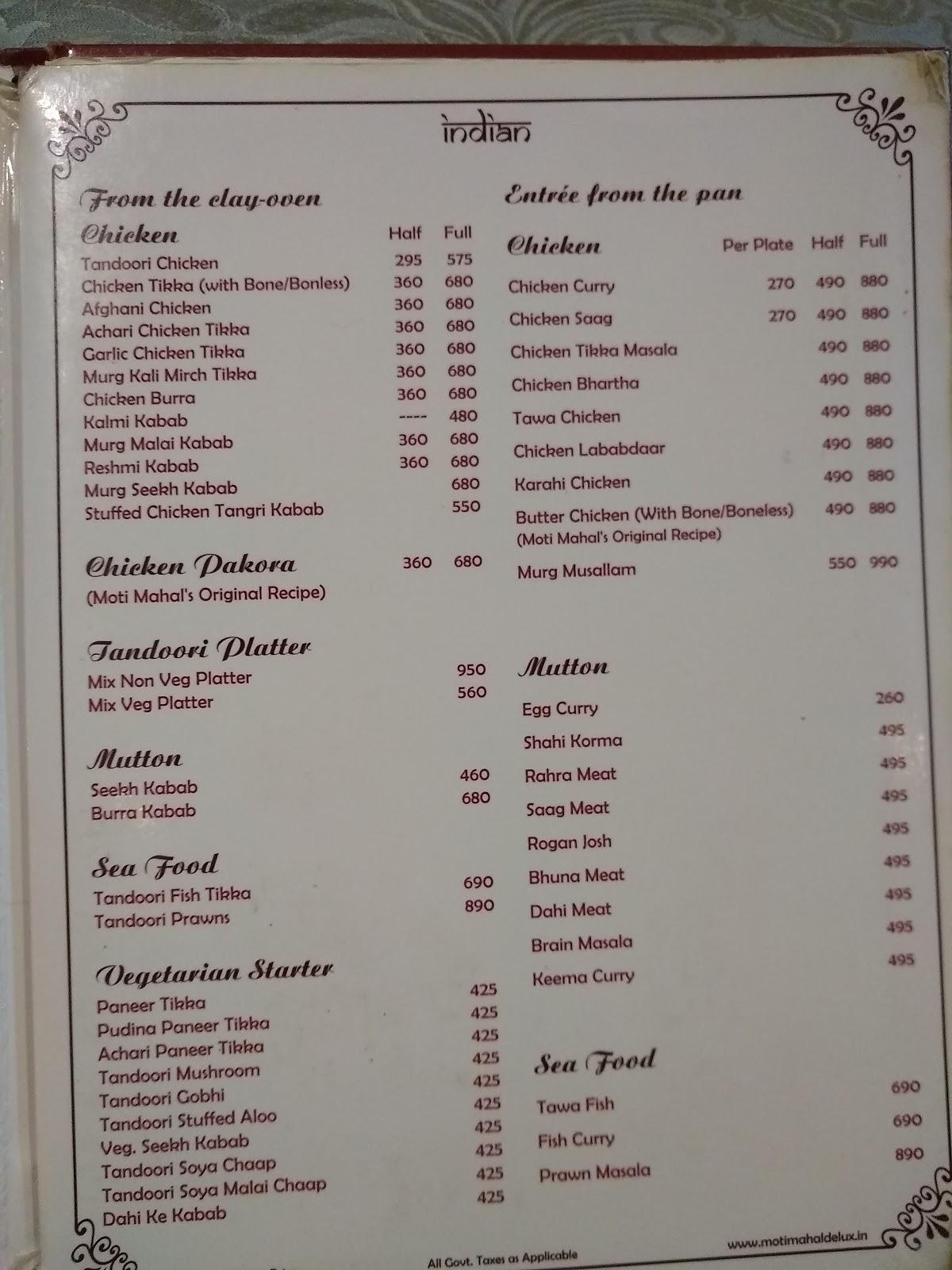 Menu at Moti Mahal Delux, New Delhi, Metro Station South Extension E 31-32