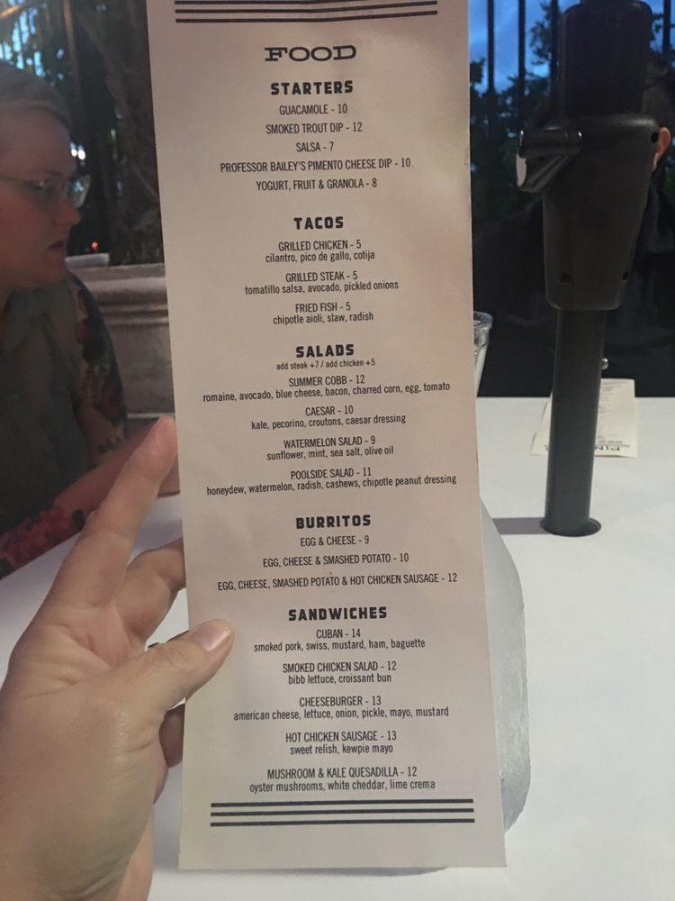 Menu at Pinewood club, Nashville
