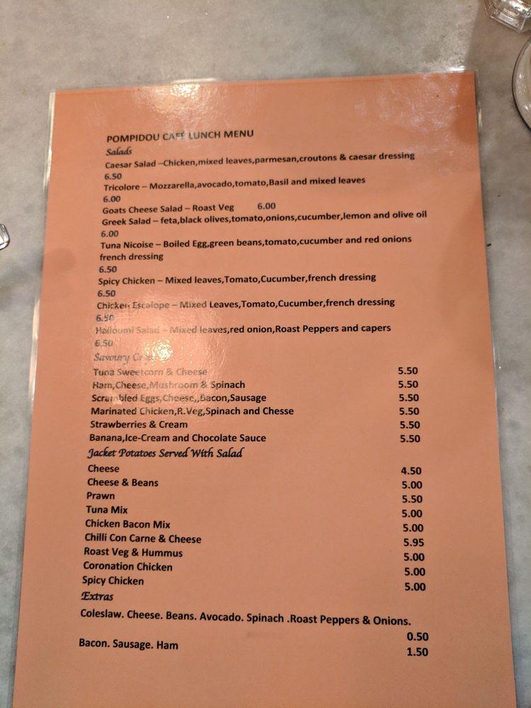Menu at Pompidou cafe, London, 284 Pentonville Rd