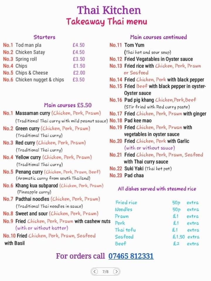Menu at Thai Kitchen restaurant, Kirkcudbright