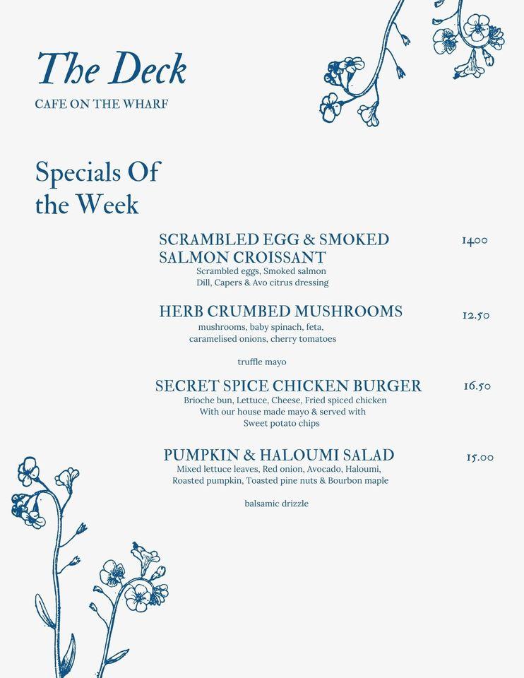Menu at The Deck cafe on the wharf, American River, LOT 103 Tangara Dr