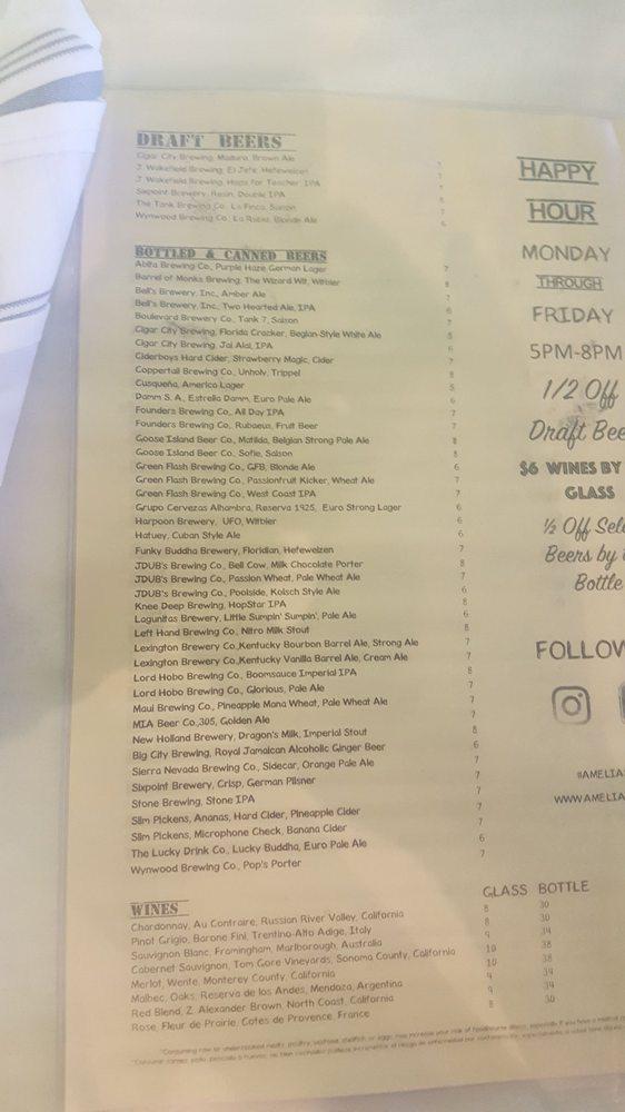 Menu at Amelia's 1931 restaurant, Tamiami, SW 26th St