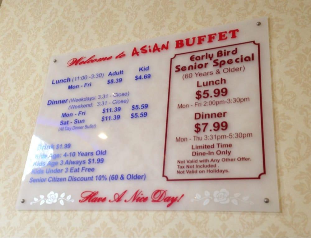 Menu at Asian Buffet restaurant, Killeen