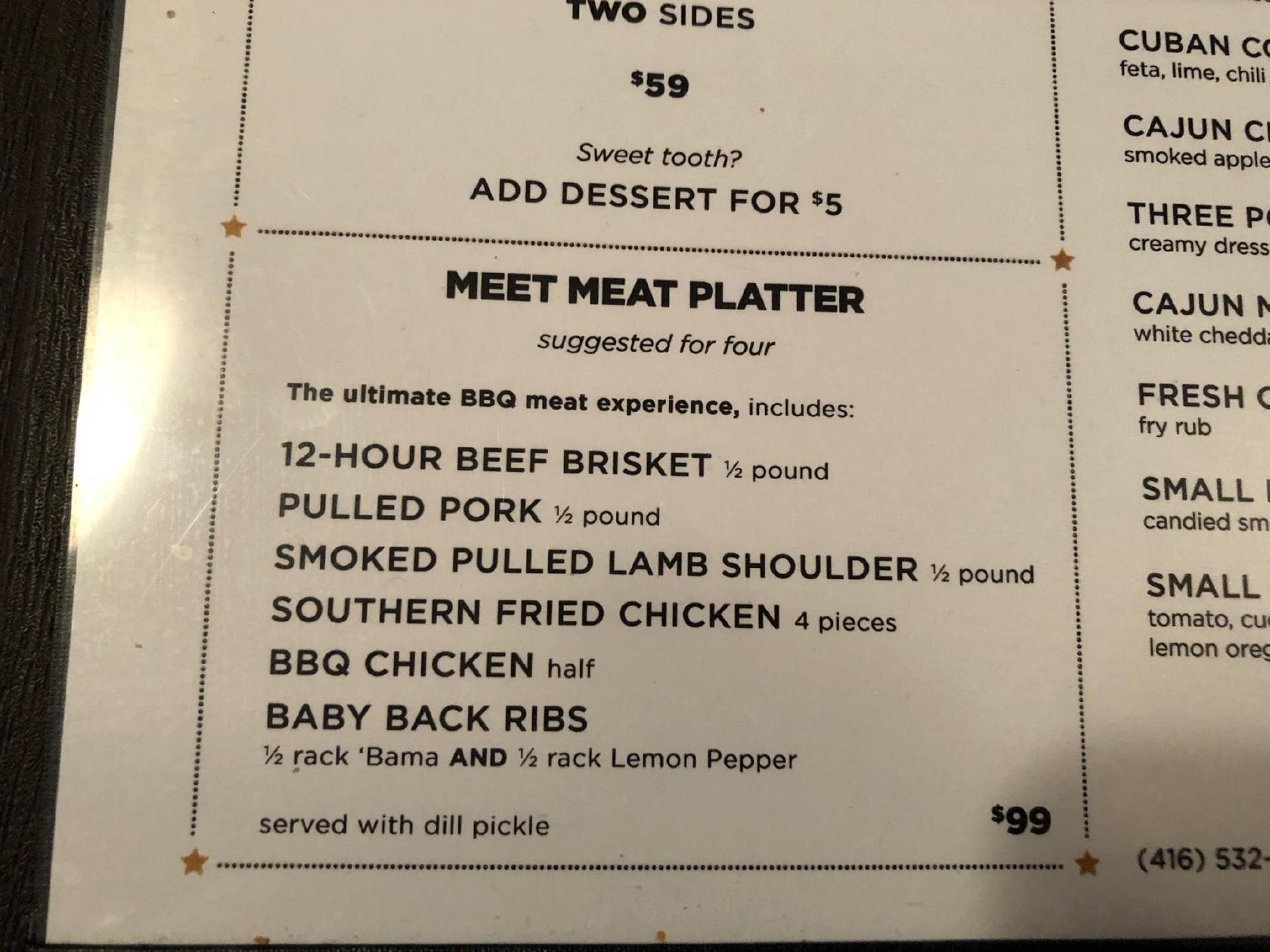 Menu at Barque Smokehouse, Toronto, 299 Roncesvalles Ave