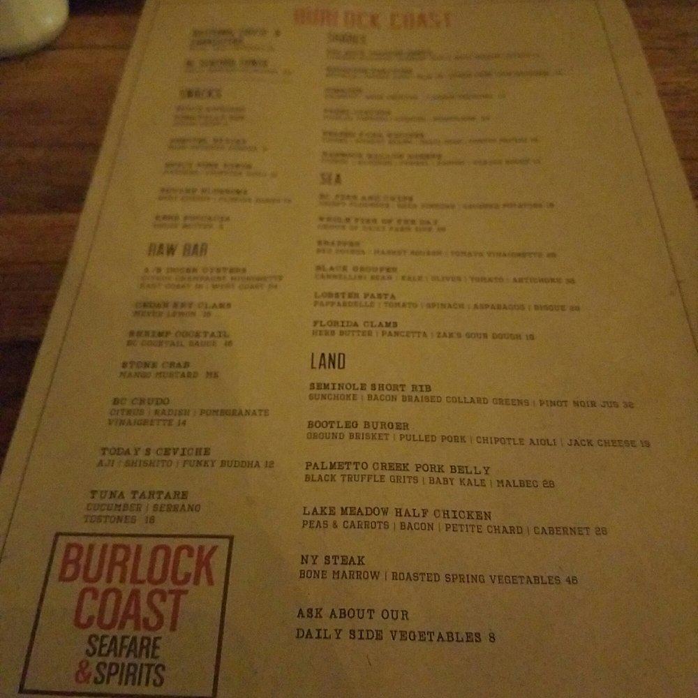 Menu at Burlock Coast restaurant, Fort Lauderdale