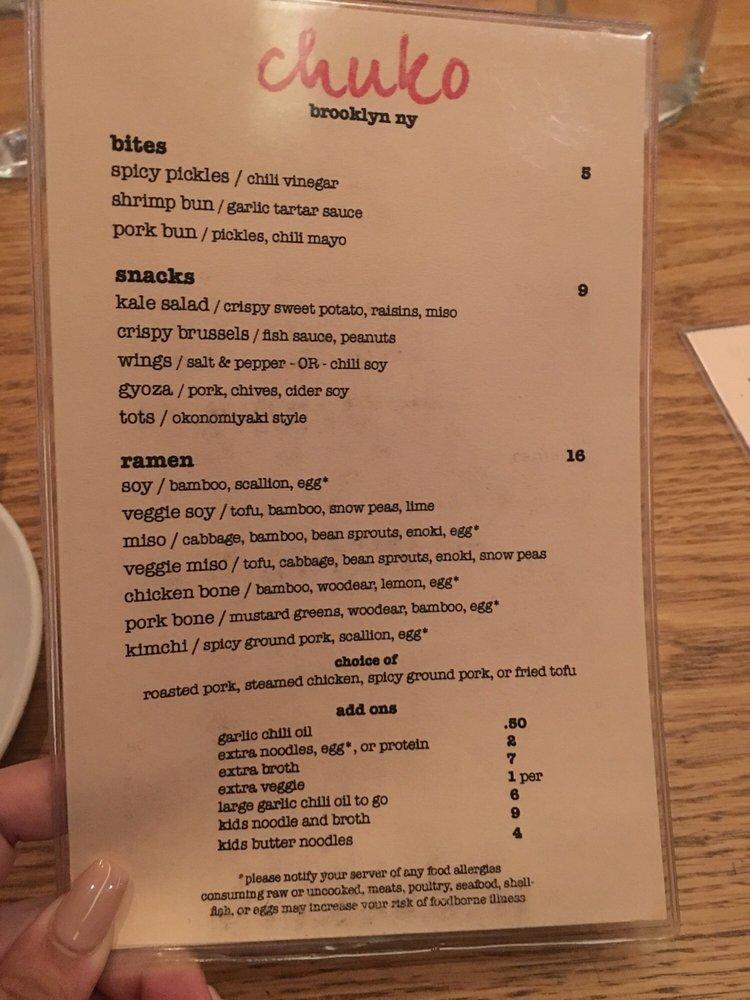 Menu at Chuko restaurant, New York City, 565 Vanderbilt Ave