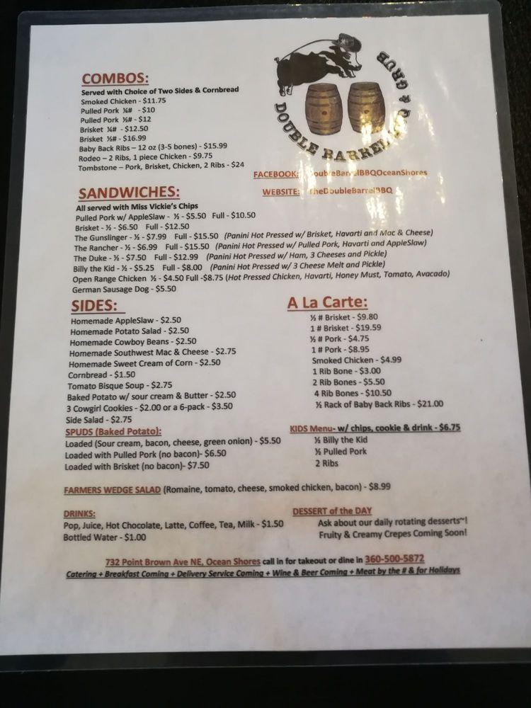 Menu at Double Barrel BBQ, Ocean Shores