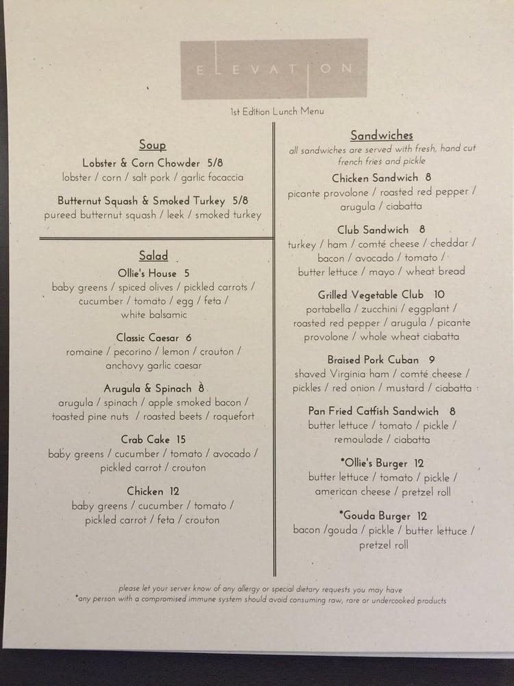 Menu at Elevation Restaurant, Pittsburgh