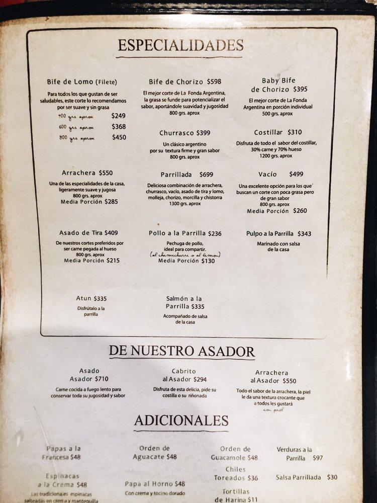 Menu at FONDA ARGENTINA TIJUANA restaurant, Tijuana, Blvd. Agua ...