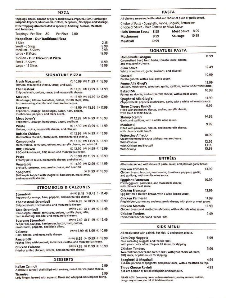 Menu at Giugi's pizzeria, Sunbury