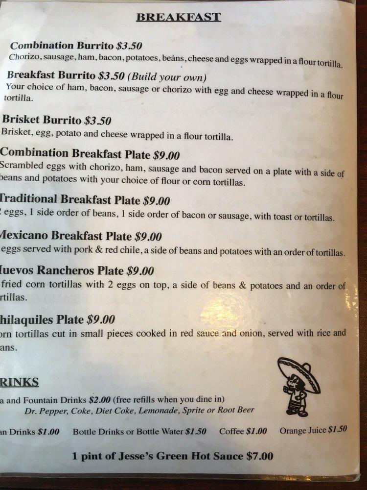 Menu at Jesse's Burritos restaurant, Borger