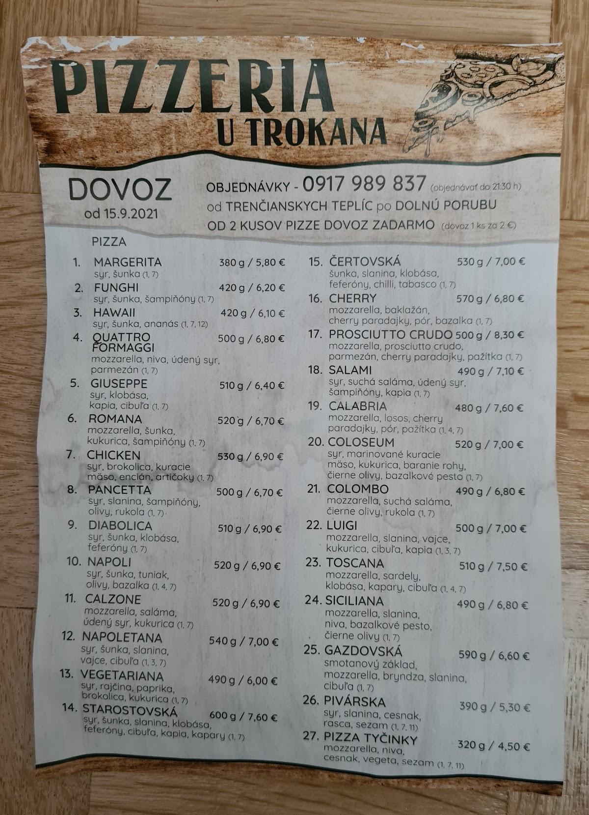 Speisekarte von Pizzeria U Trokana, Omšenie