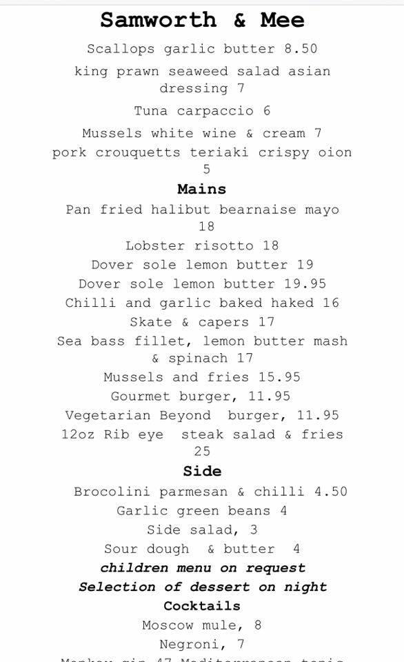 Menu at Samworth & Mee restaurant, Broadstairs