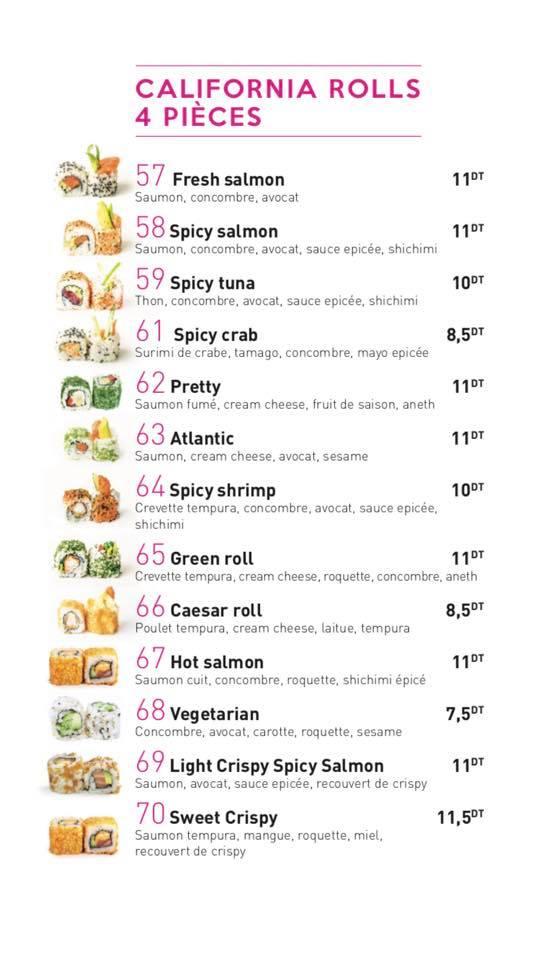 Menu at Sushi Box restaurant, Tunis, Rue De La Bourse