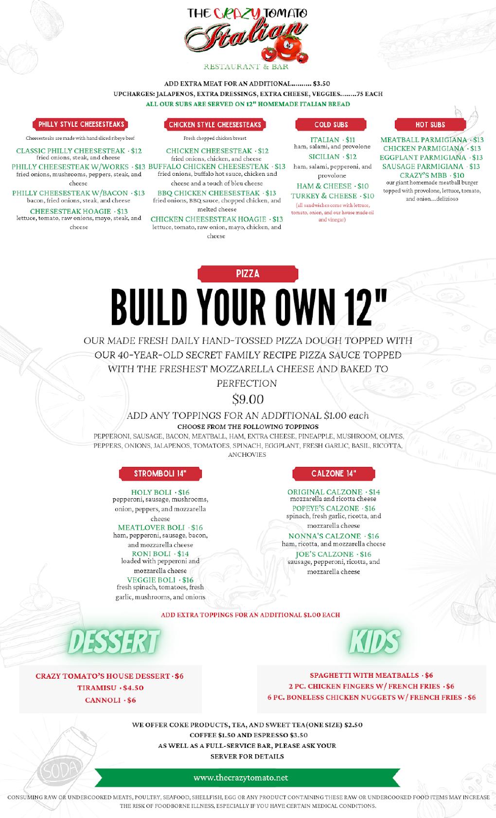 Carta de The Crazy Tomato • Italian Restaurant & Bar, McRae