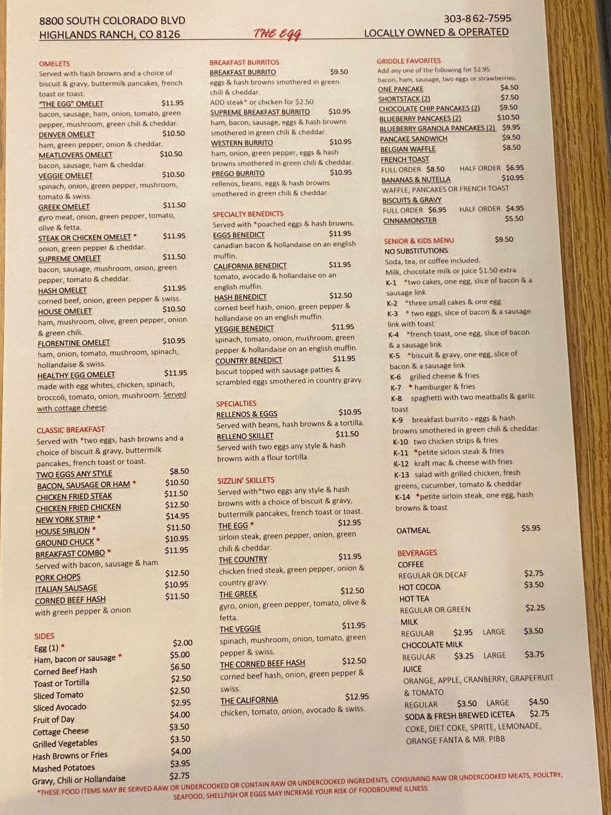 Menu at The Egg restaurant, Highlands Ranch