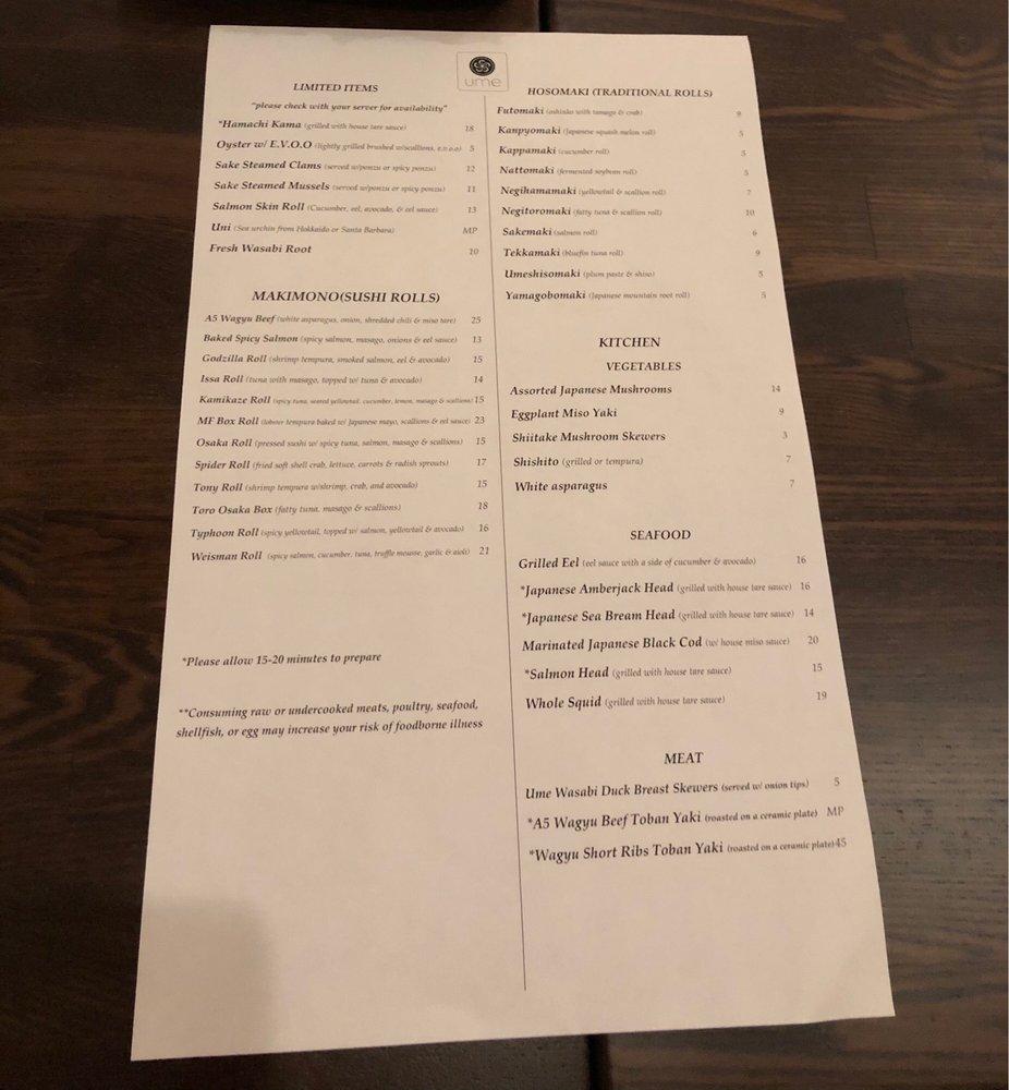 Menu at Ume restaurant, Houston