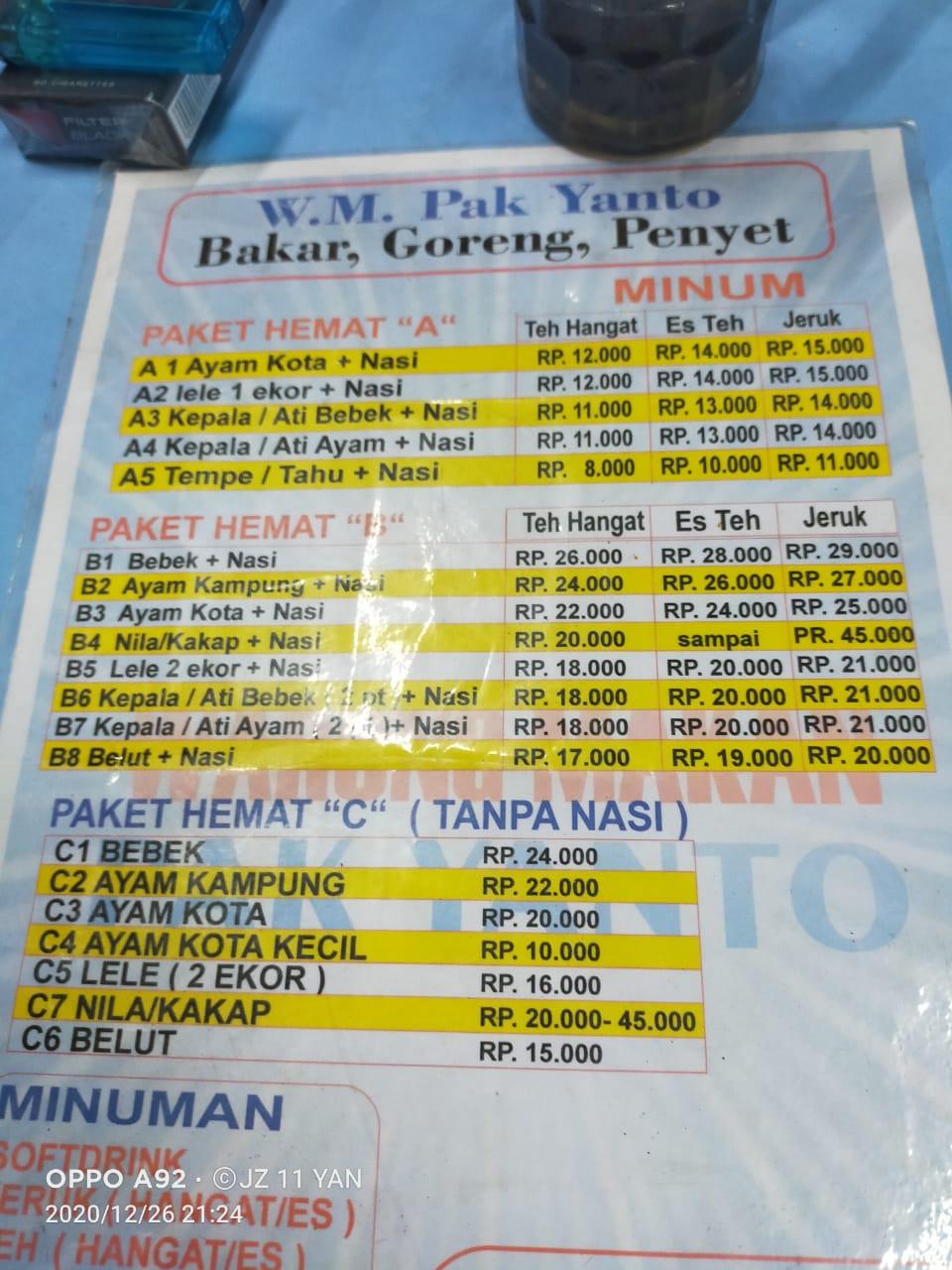Menu at Warung Makan Pak Yanto Jatinom restaurant, Klaten, 9J82+QWQ