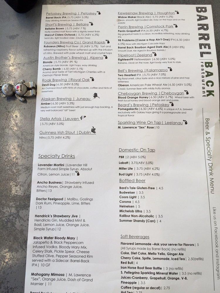 Menu at Barrel Back Restaurant, Walloon Lake