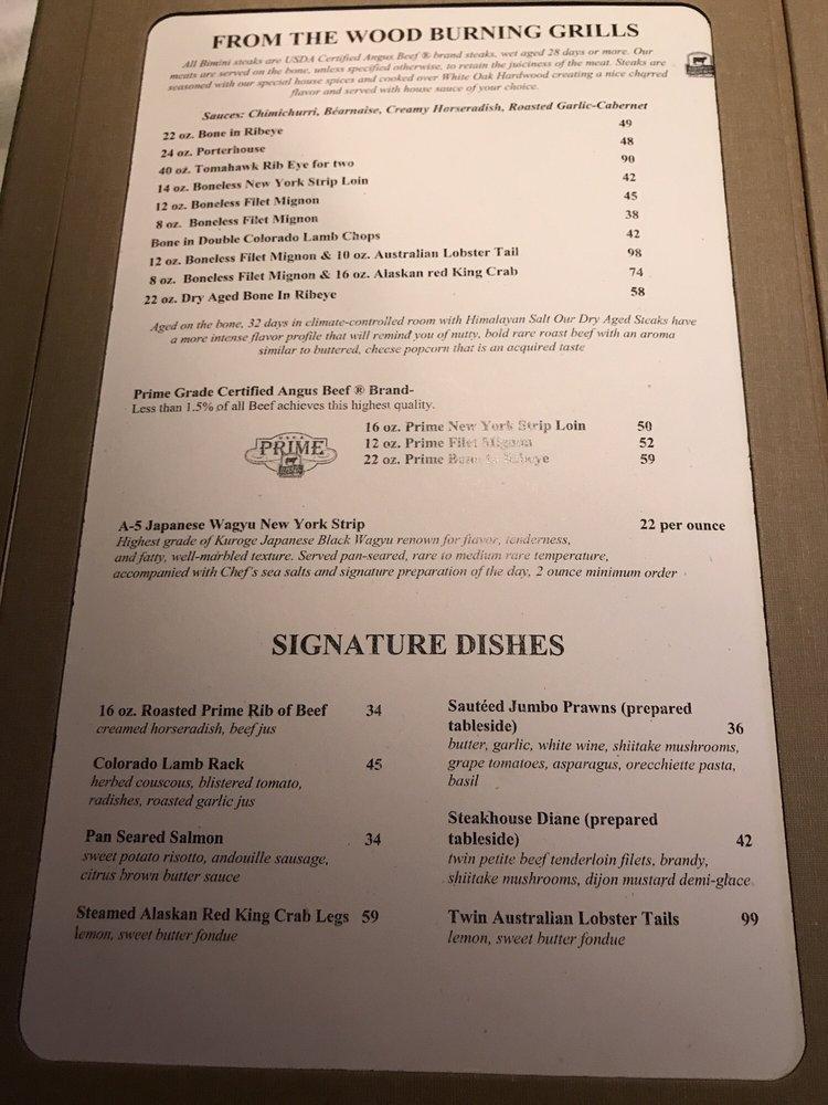 Menu at Bimini Steakhouse, Reno