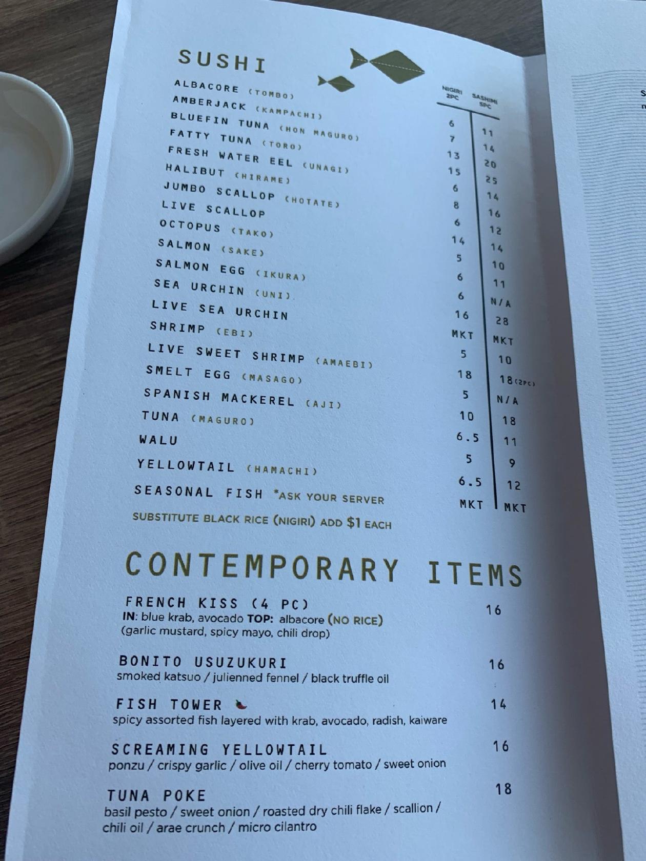 Menu at Blue Ocean restaurant, San Diego
