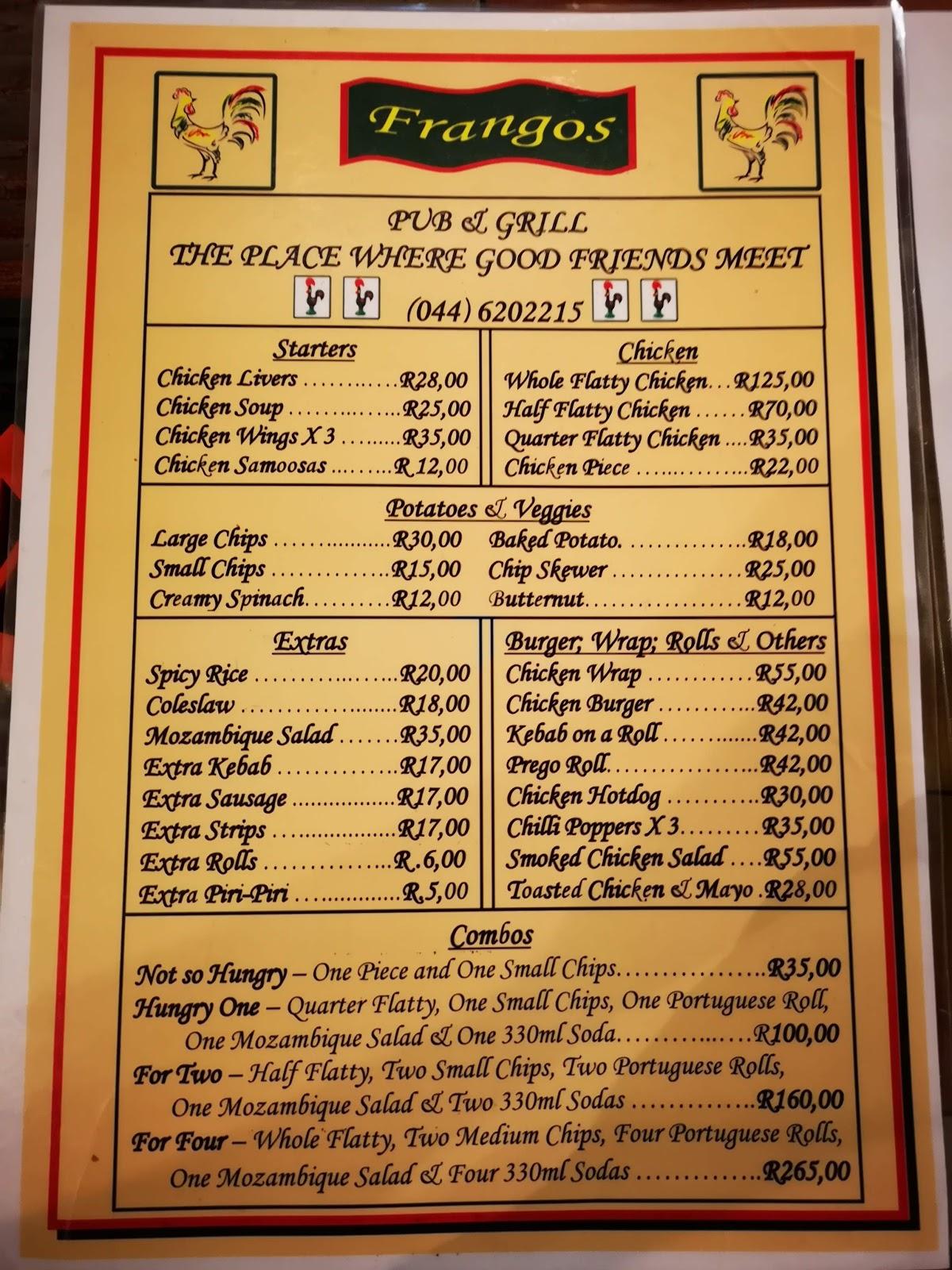 Menu at Frango's restaurant, Groot Brakrivier