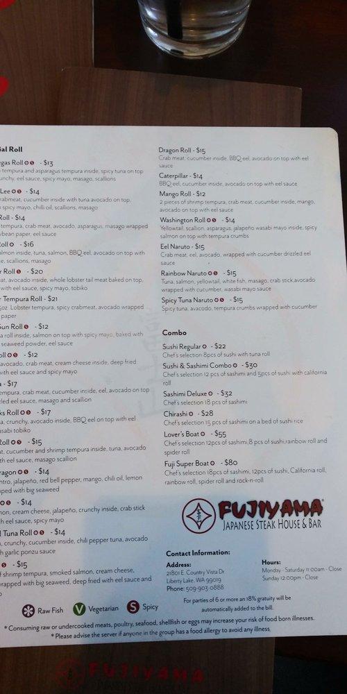 Menu at Fujiyama steakhouse, Liberty Lake