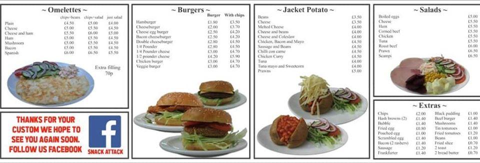 Menu at Snack Attack cafe, Gravesend, 8 Manor Rd