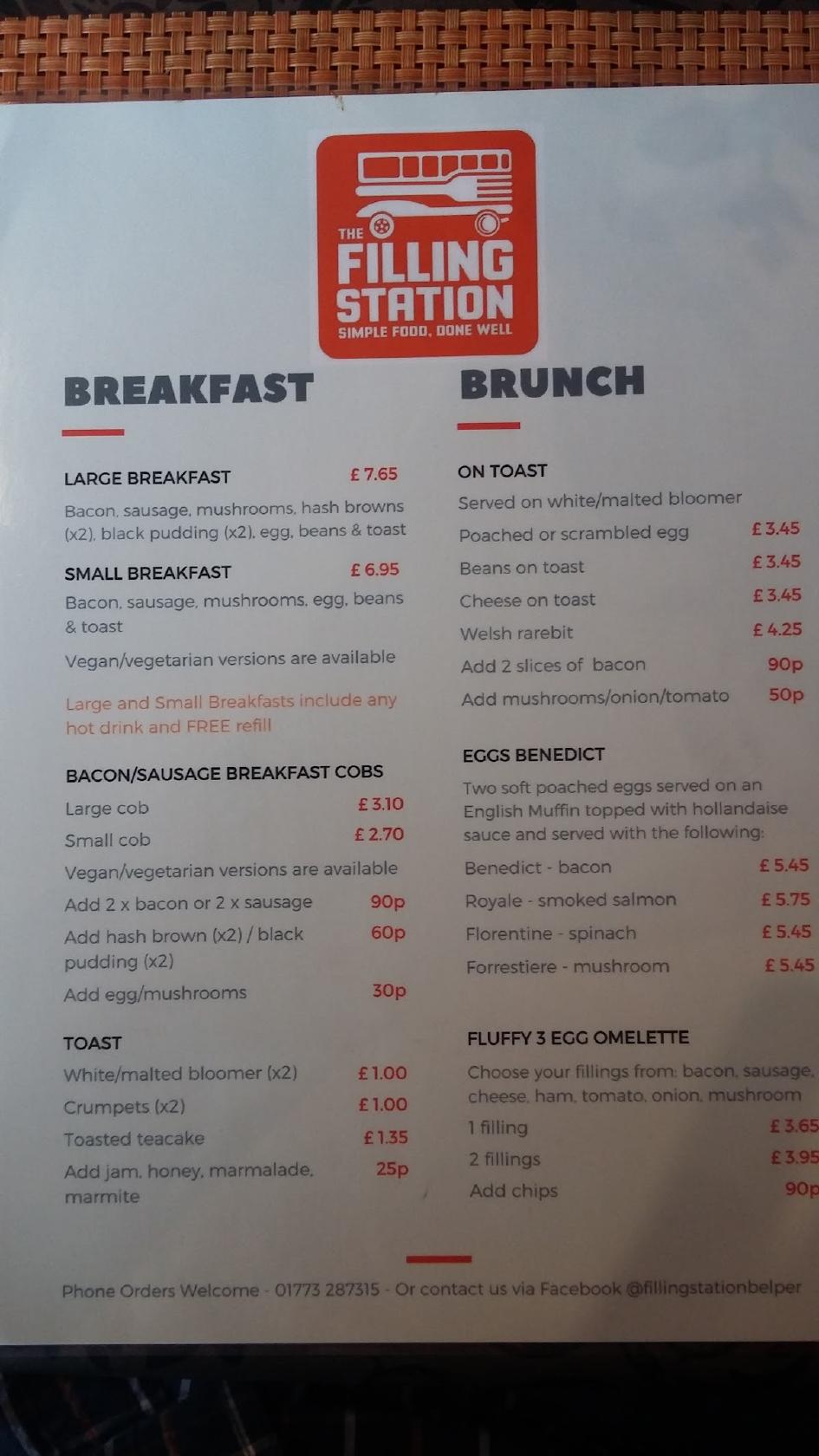 Menu at The Filling Station cafe, Belper