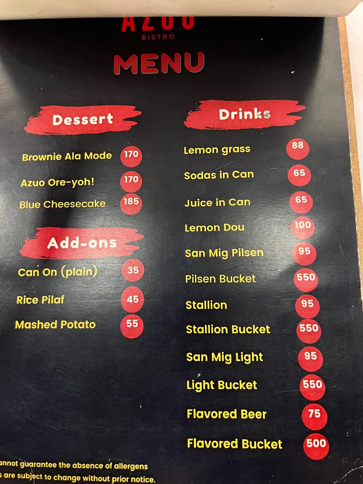 Menu at Azuo Bistro restaurant, Davao City