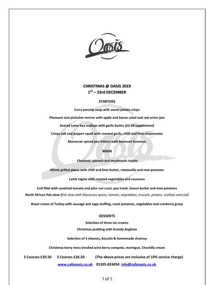 Menu at Cafe Oasis, Weymouth, Overcombe Corner