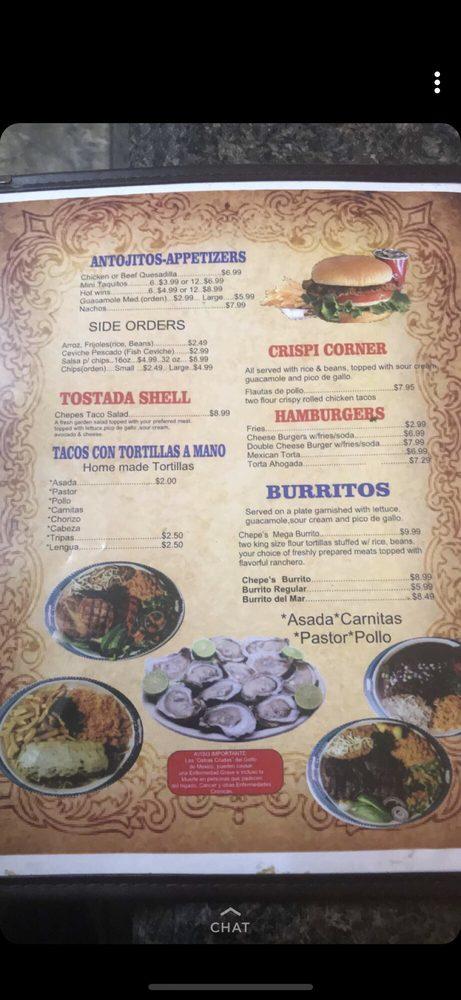 Menu at Chepes Mexican Resturant restaurant, Arvin